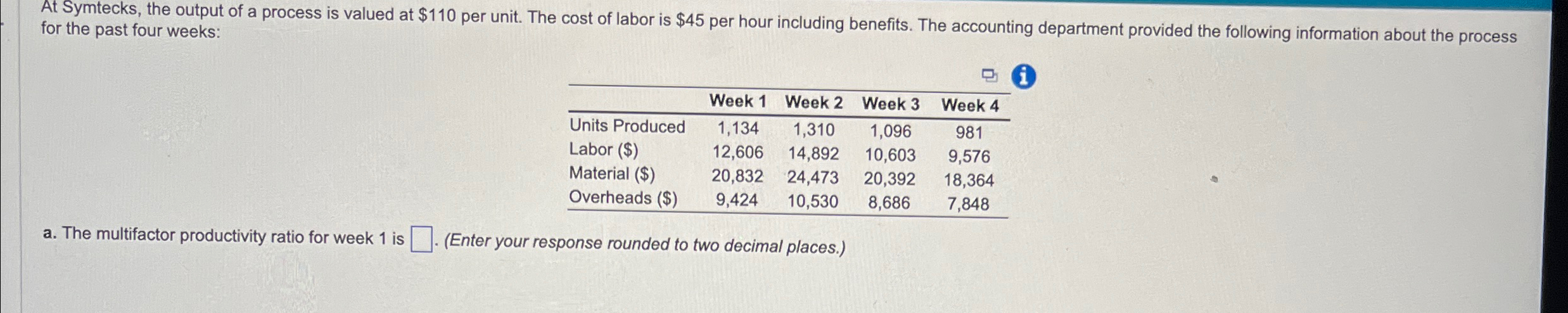 Solved At Symtecks, the output of a process is valued at | Chegg.com