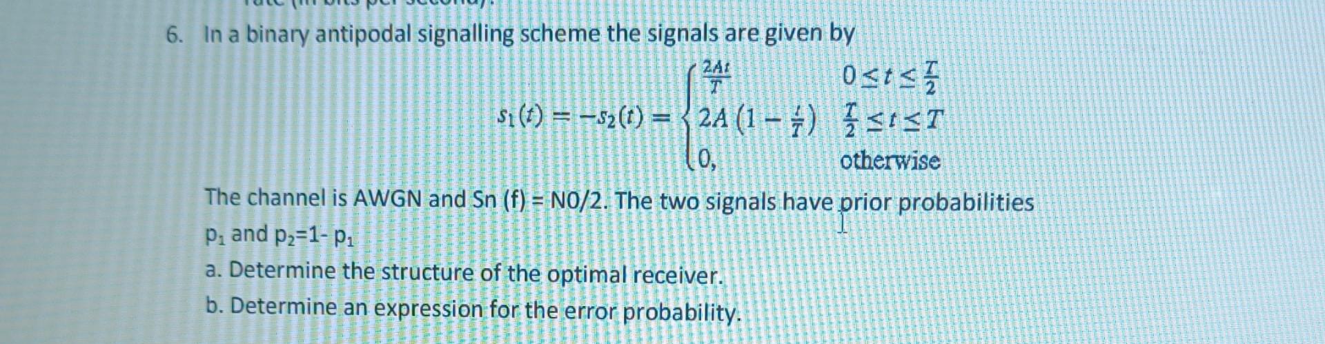 6. In a binary antipodal signalling scheme the | Chegg.com