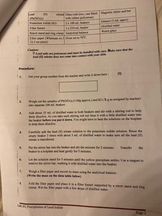 Solved Precipitation and Gravimetric analysis of lead iodide | Chegg.com
