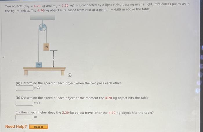 Solved Two objects (m1=4.70 kg and m2=3.30 kg) are connected | Chegg.com