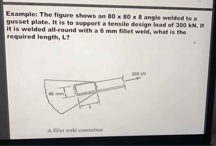 Solved Example: The figure shows an 80 x 80 x 8 angle welded | Chegg.com