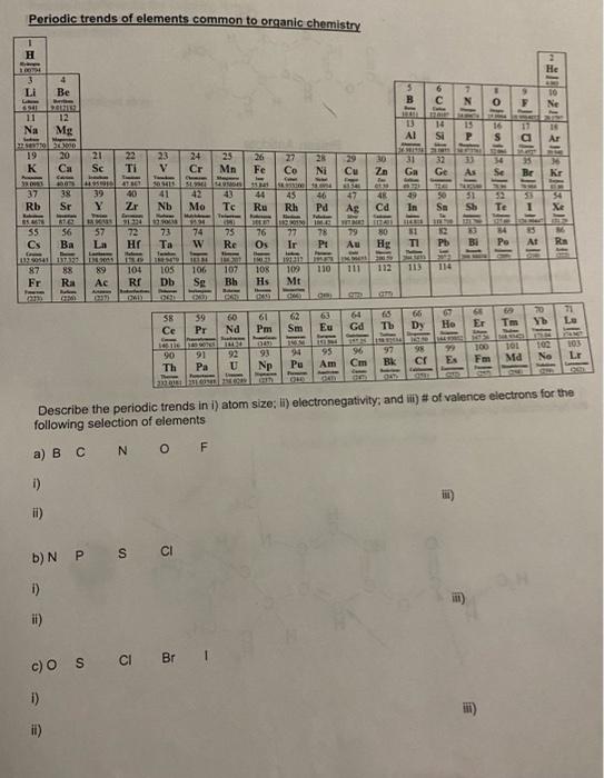 Solved Periodic trends of elements common to organic | Chegg.com
