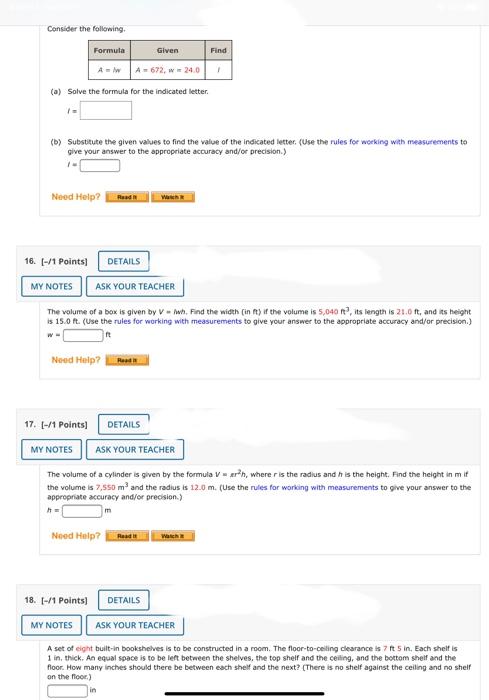 Solved Solve the formula for the given letter. A=bh for D | Chegg.com