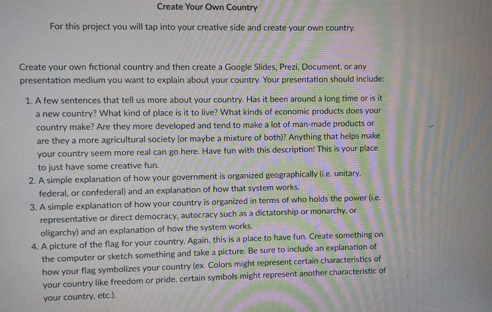 Solved Create Your Own Country For this project you will tap | Chegg.com