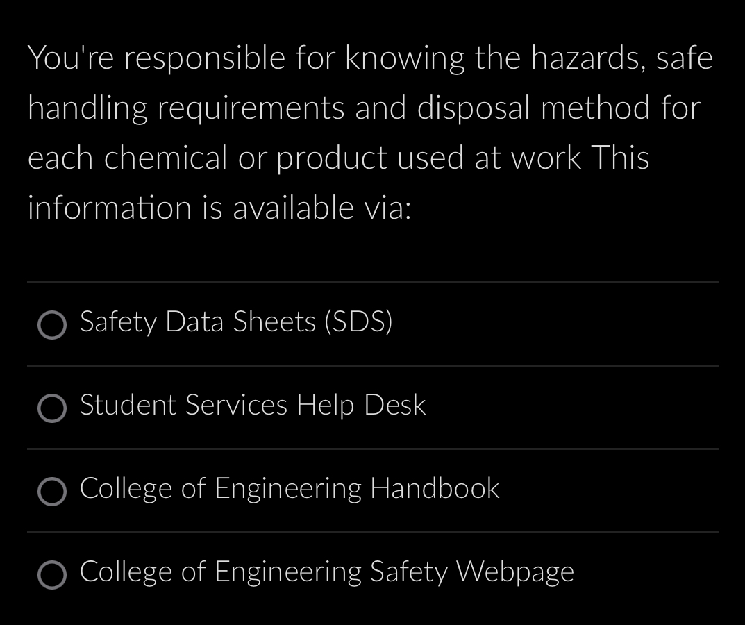 Solved You're responsible for knowing the hazards, safe | Chegg.com