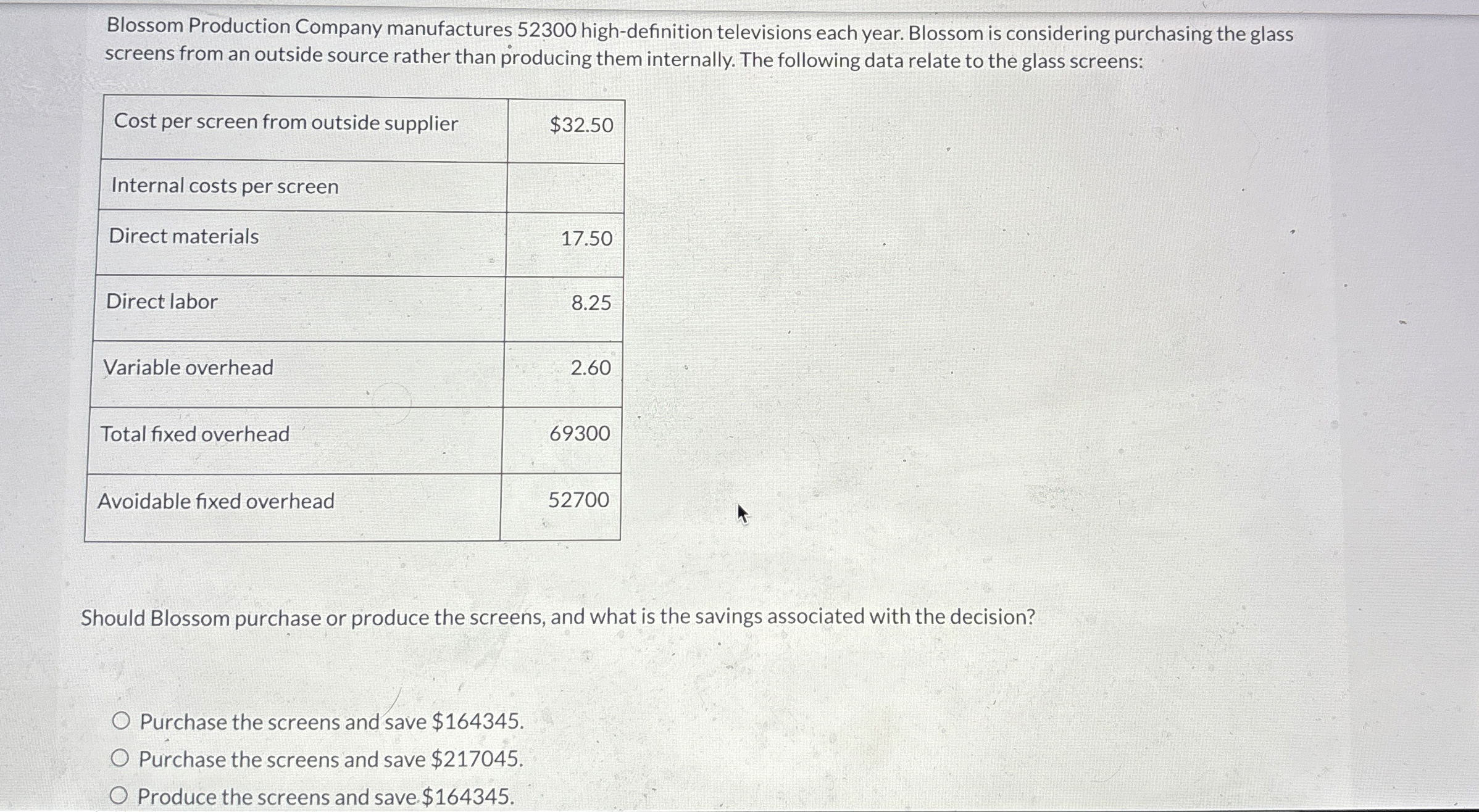 Solved Blossom Production Company manufactures 52300 | Chegg.com