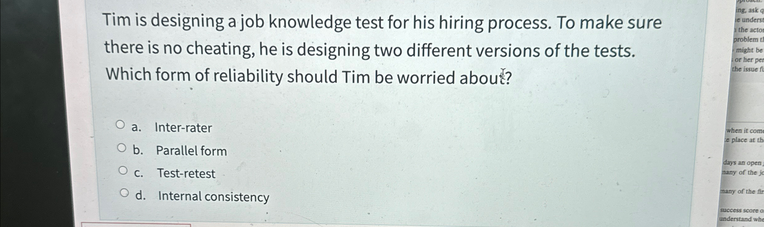 Solved Tim is designing a job knowledge test for his hiring | Chegg.com