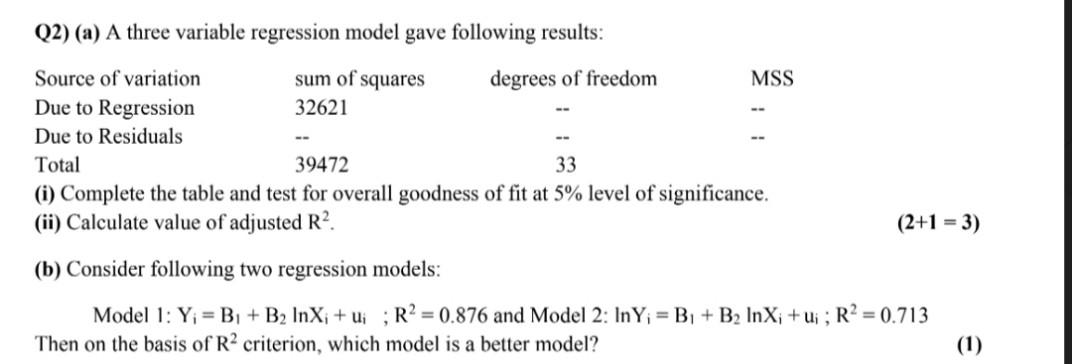 Solved Q2 A A Three Variable Regression Model Gave