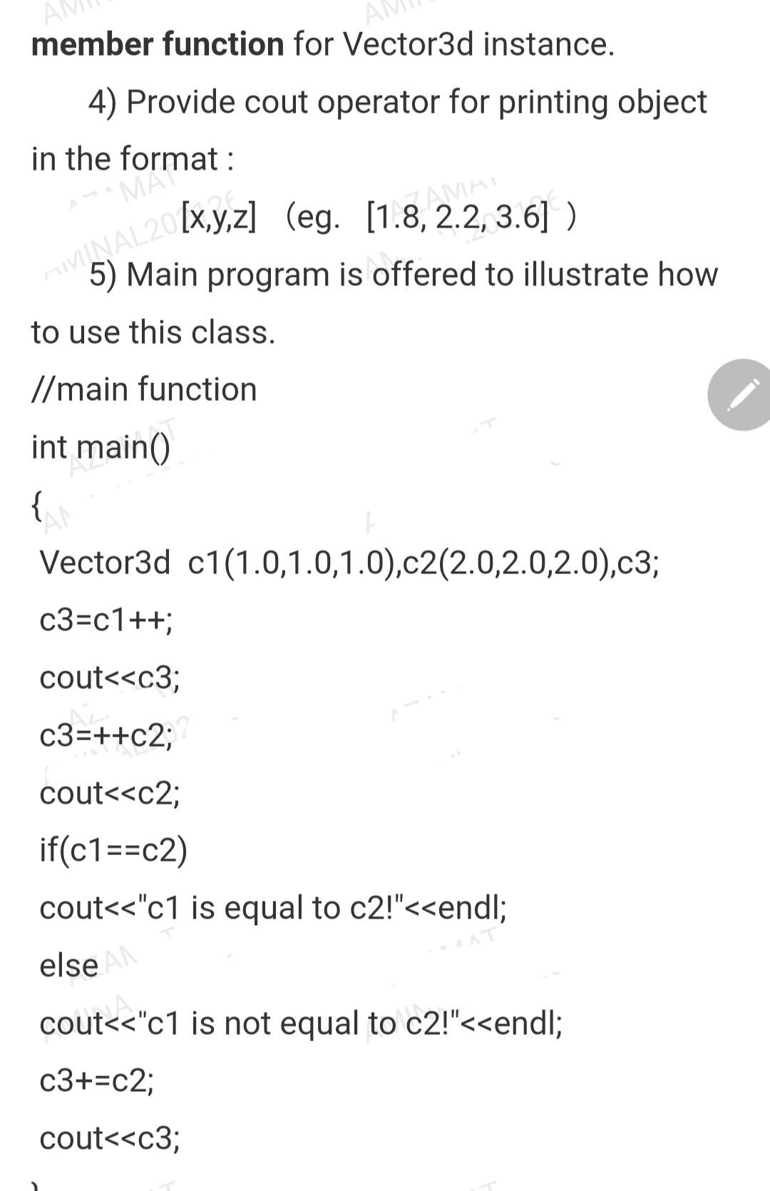 Solved 4.Question 2: (20%) Create a class called Vector3d | Chegg.com