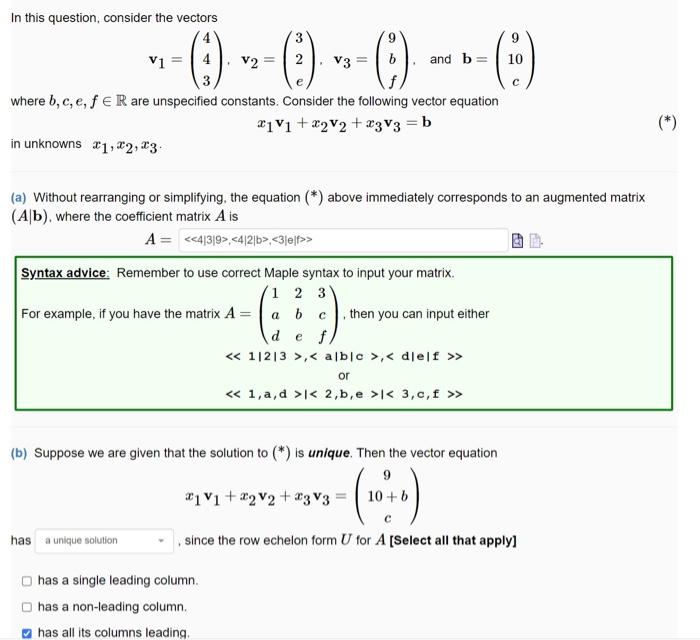 Solved In this question, consider the vectors | Chegg.com