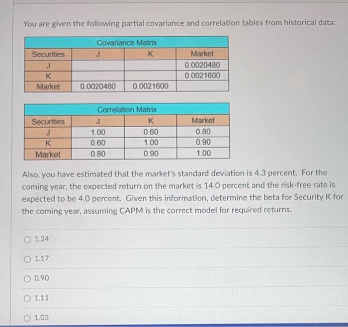 Solved You are given the following partial covariance and | Chegg.com
