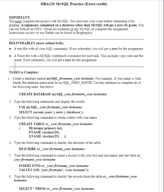 Solved DBA120 ﻿MySQL Practice (Extra credit)IMPORTANT:You | Chegg.com