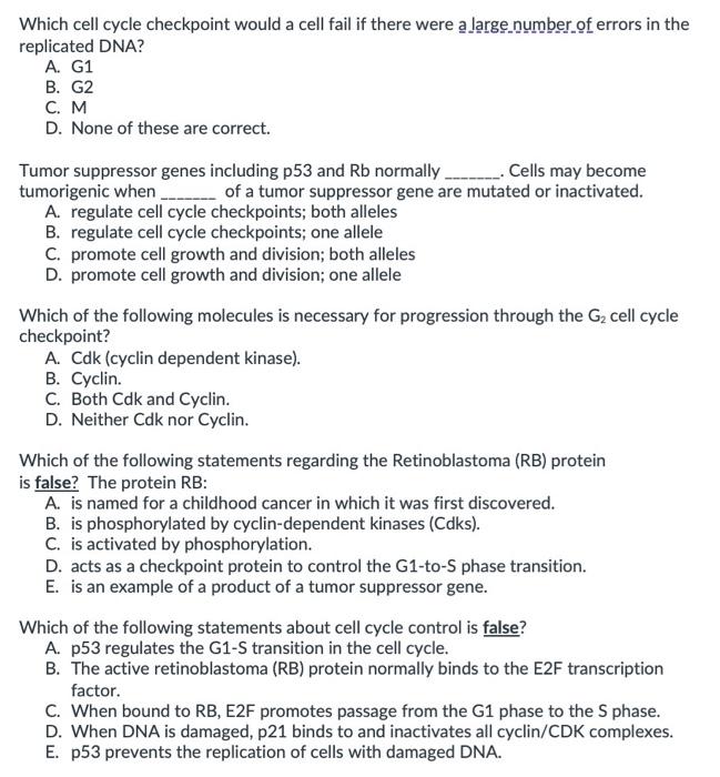 Solved Which cell cycle checkpoint would a cell fail if | Chegg.com