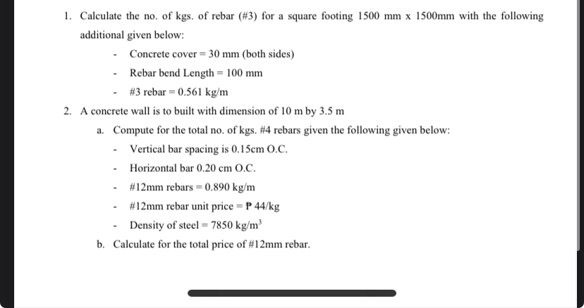 Solved Calculate the no. ﻿of kgs. ﻿of rebar (#3) ﻿for a | Chegg.com