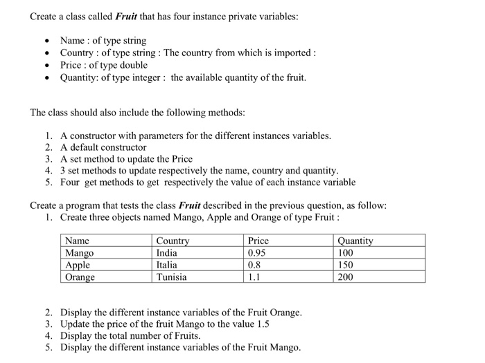 Solved Create a class called Fruit that has four instance | Chegg.com