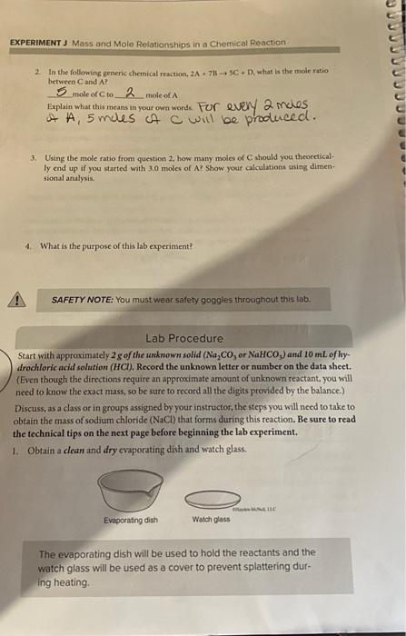 Solved EXPERIMENT J Mass and Mole Relationships in a | Chegg.com
