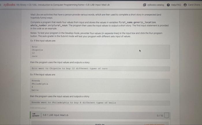 Solved Mad Libs ace activses that have a person provide | Chegg.com