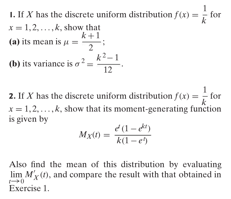 Solved I. If x ﻿has the discrete uniform distribution | Chegg.com