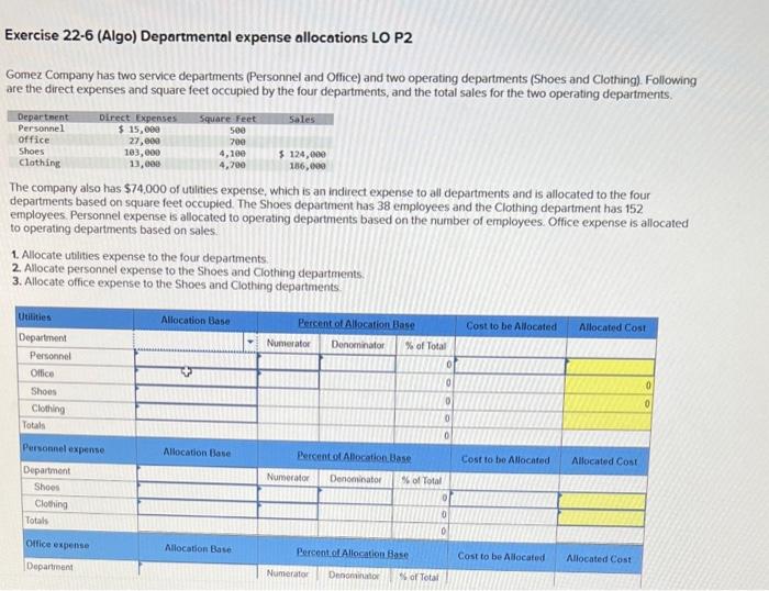 Solved Exercise 22-6 (Algo) Departmental expense allocations | Chegg.com