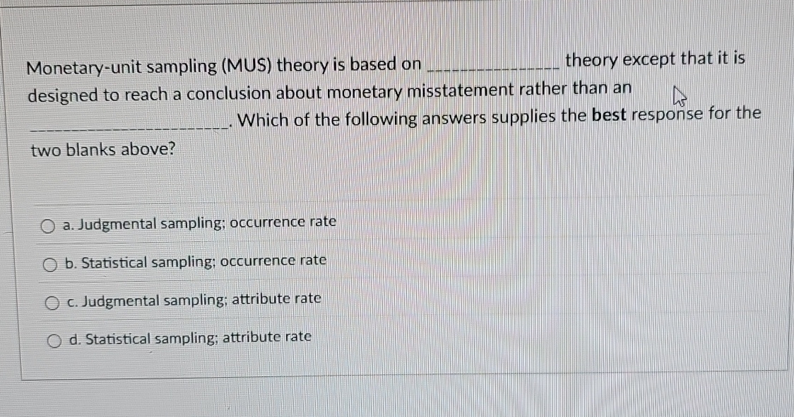 Solved Monetary-unit sampling (MUS) ﻿theory is based on | Chegg.com
