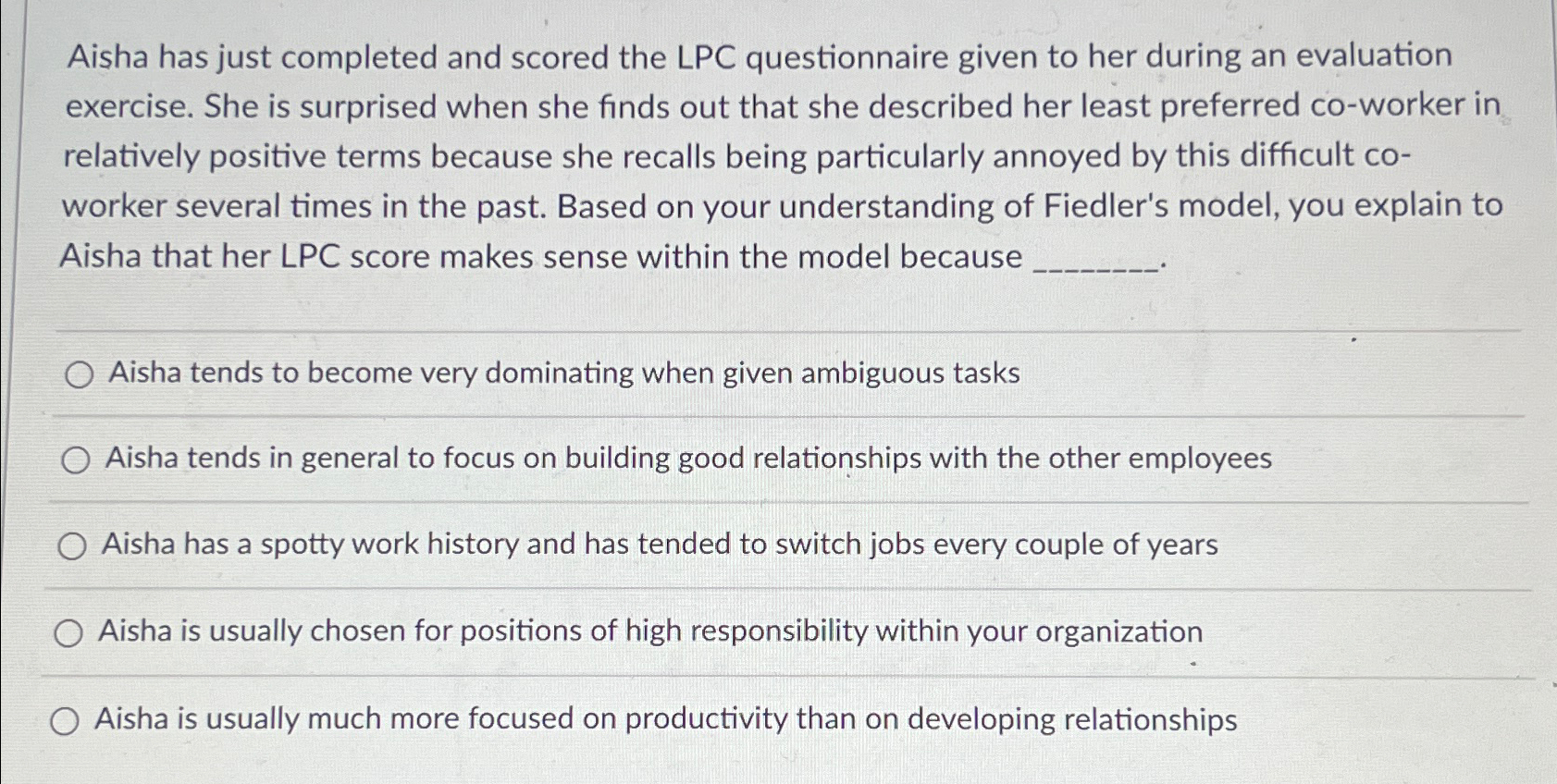 Solved Aisha has just completed and scored the LPC | Chegg.com