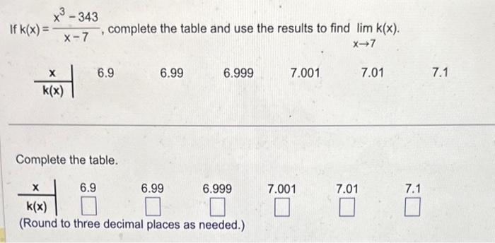 Solved If k(x)=x−7x3−343, complete the table and use the | Chegg.com
