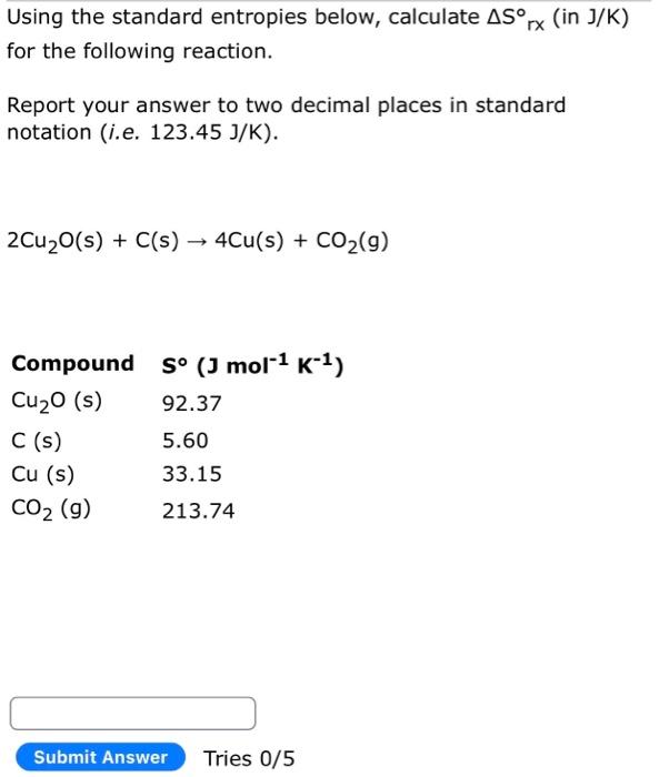 Solved Using the standard entropies below, calculate ΔS∘rx | Chegg.com