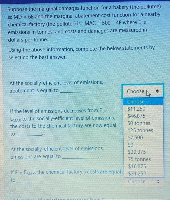 Solved Suppose the marginal damages function for a bakery | Chegg.com