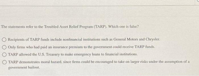 Solved The statements refer to the Troubled Asset Relief | Chegg.com