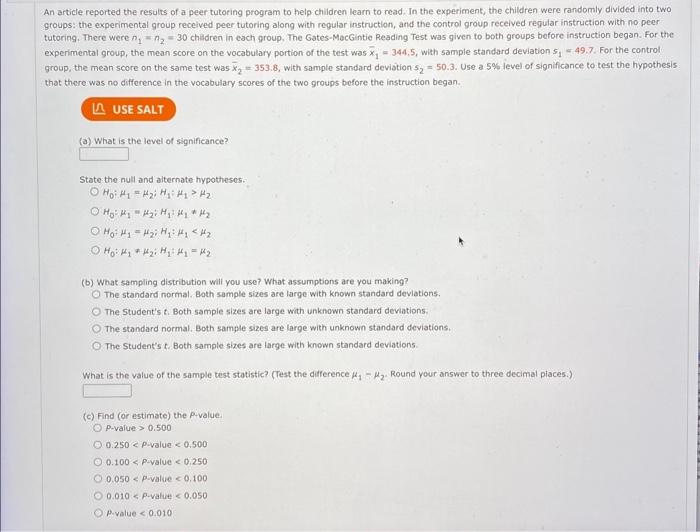 Solved article reported the results of a peer tutoring | Chegg.com