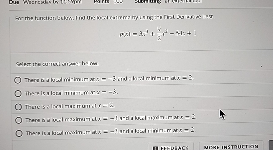 Solved For the function below, tind the local extrema by | Chegg.com