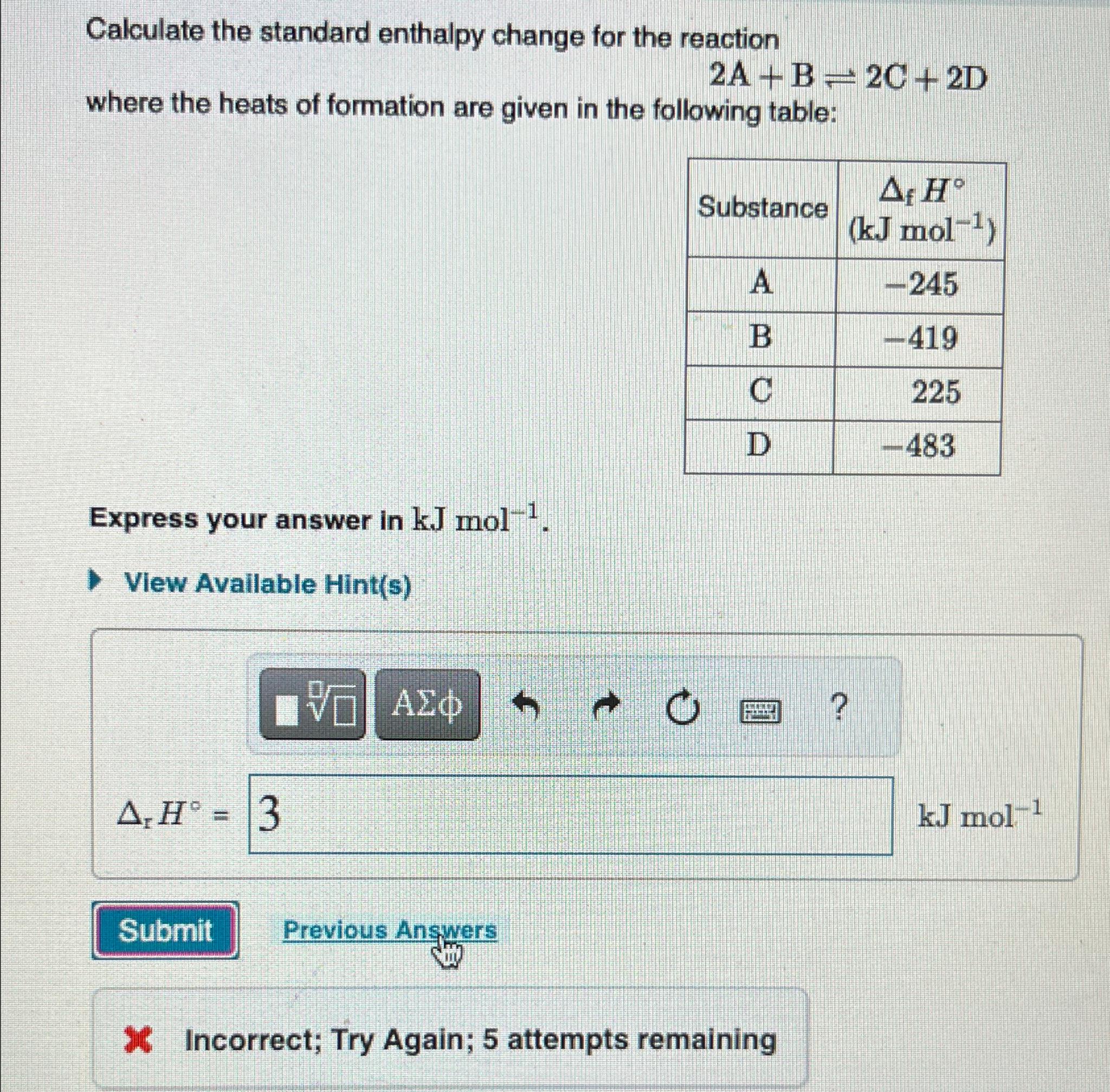 Solved Calculate the standard enthalpy change for the | Chegg.com