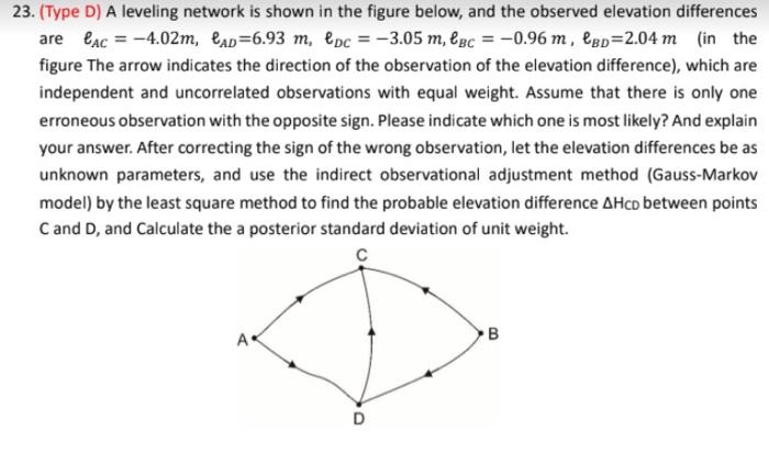 Solved 23. (Type D) A leveling network is shown in the | Chegg.com