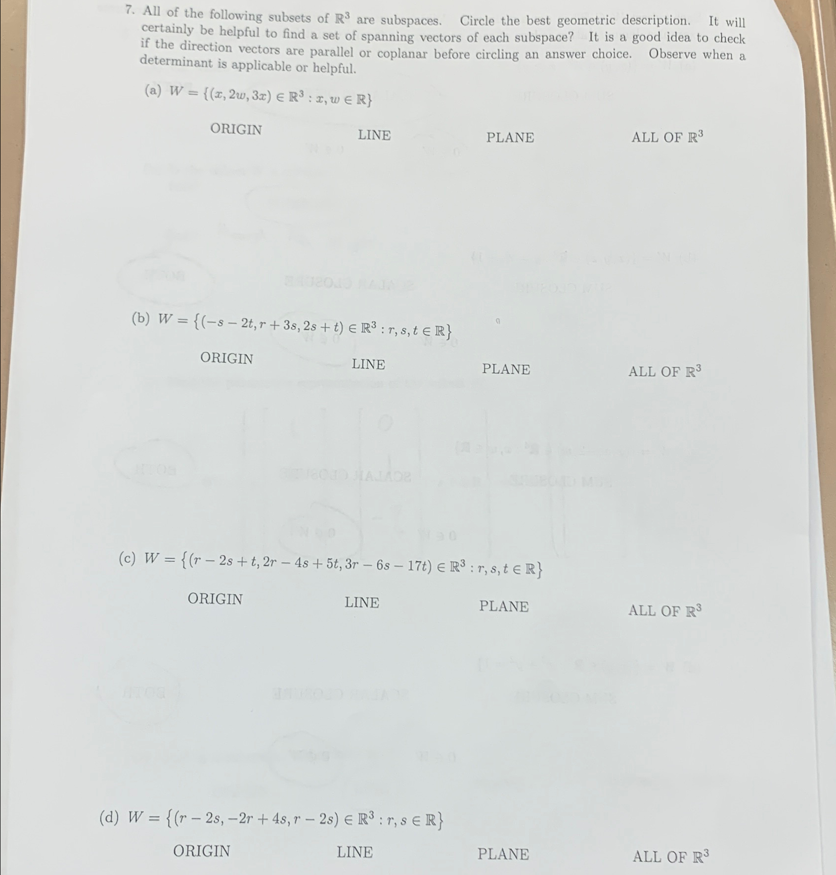 Solved All of the following subsets of R3 ﻿are subspaces. | Chegg.com
