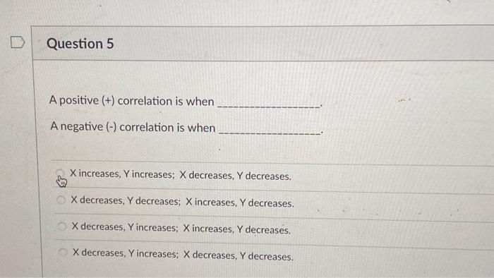 Solved A negative (−) correlation is when X increases, Y | Chegg.com