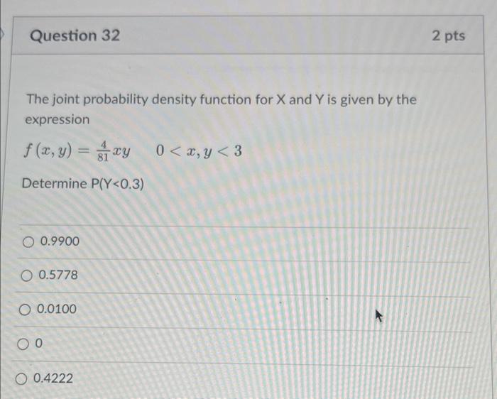 Solved The joint probability density function for X and Y is | Chegg.com
