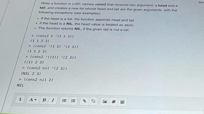 Solved Mar Write a function in LISP, namely cons2 that | Chegg.com