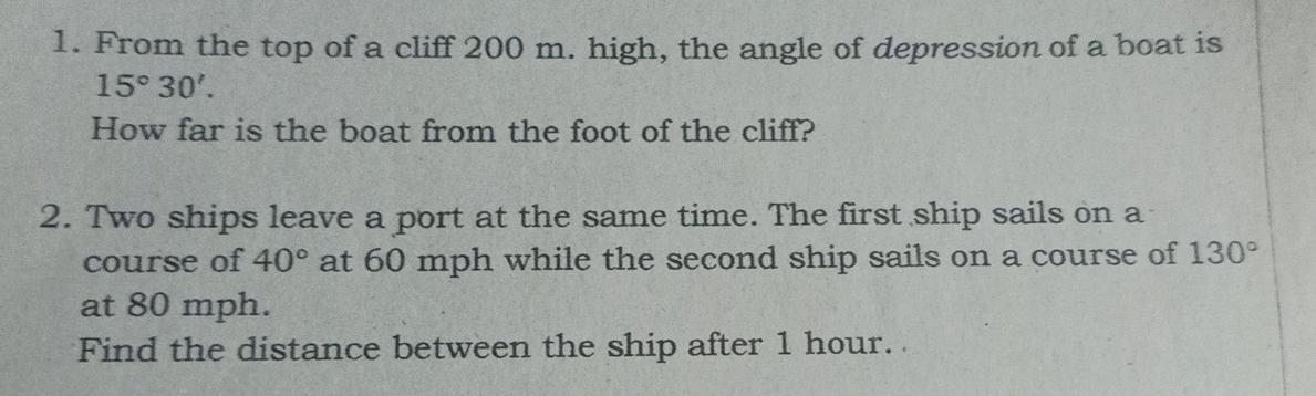 Solved 1. From the top of a cliff 200 m. high, the angle of | Chegg.com