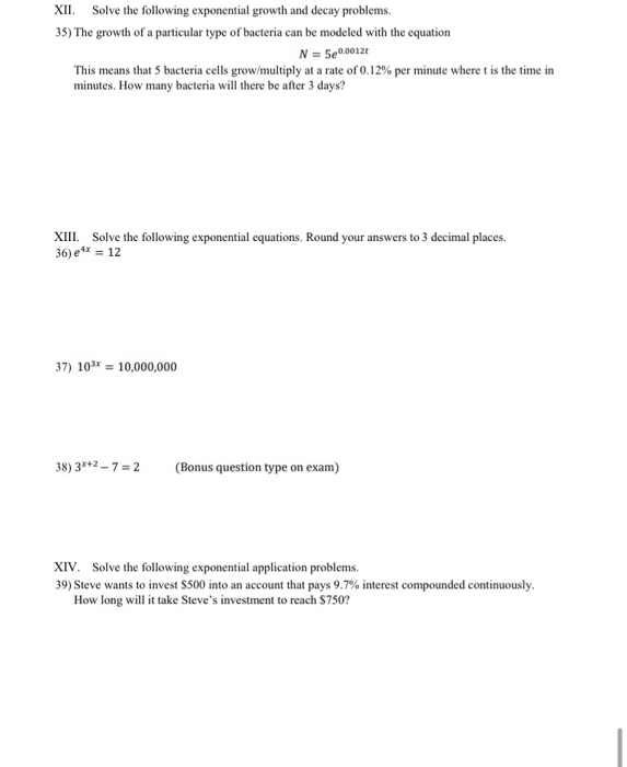 Solved XII. Solve the following exponential growth and decay | Chegg.com