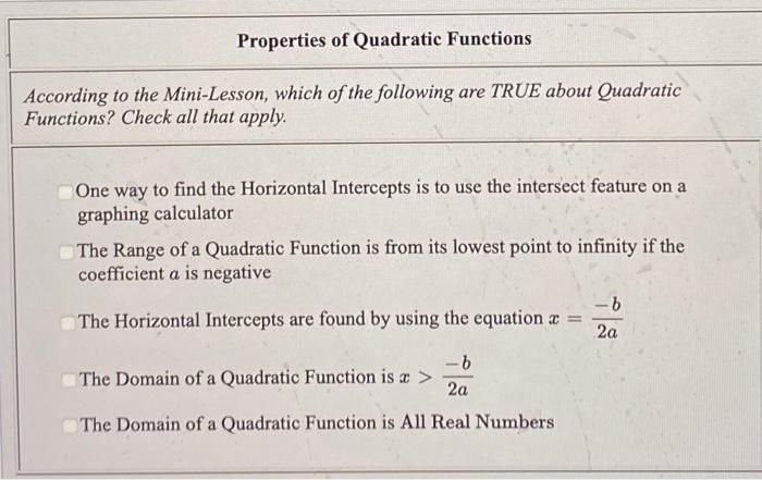 Solved Properties of Quadratic Functions According to the | Chegg.com