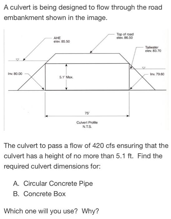 Solved A culvert is being designed to flow through the road | Chegg.com
