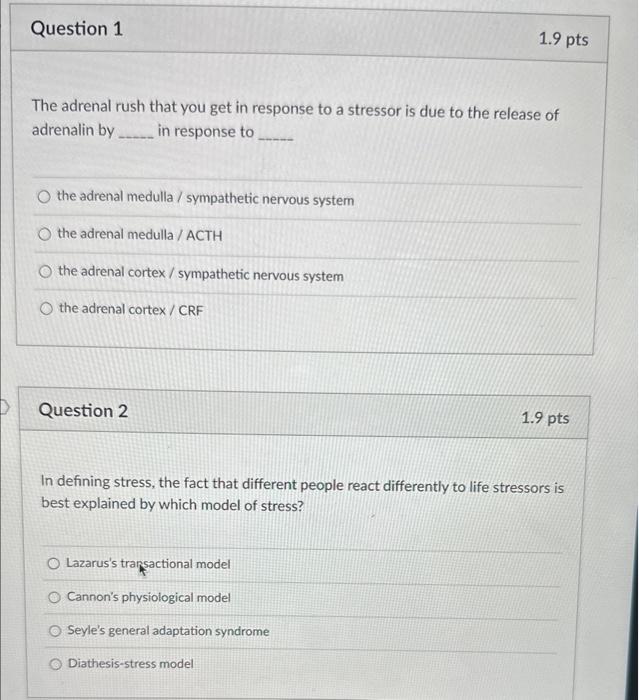 Solved The adrenal rush that you get in response to a | Chegg.com