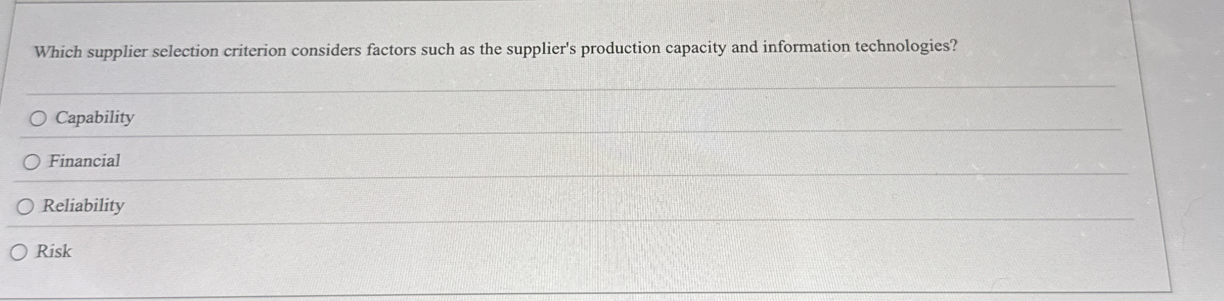 Solved Which supplier selection criterion considers factors | Chegg.com