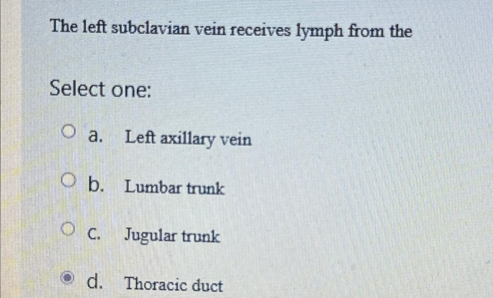 Solved The left subclavian vein receives lymph from | Chegg.com