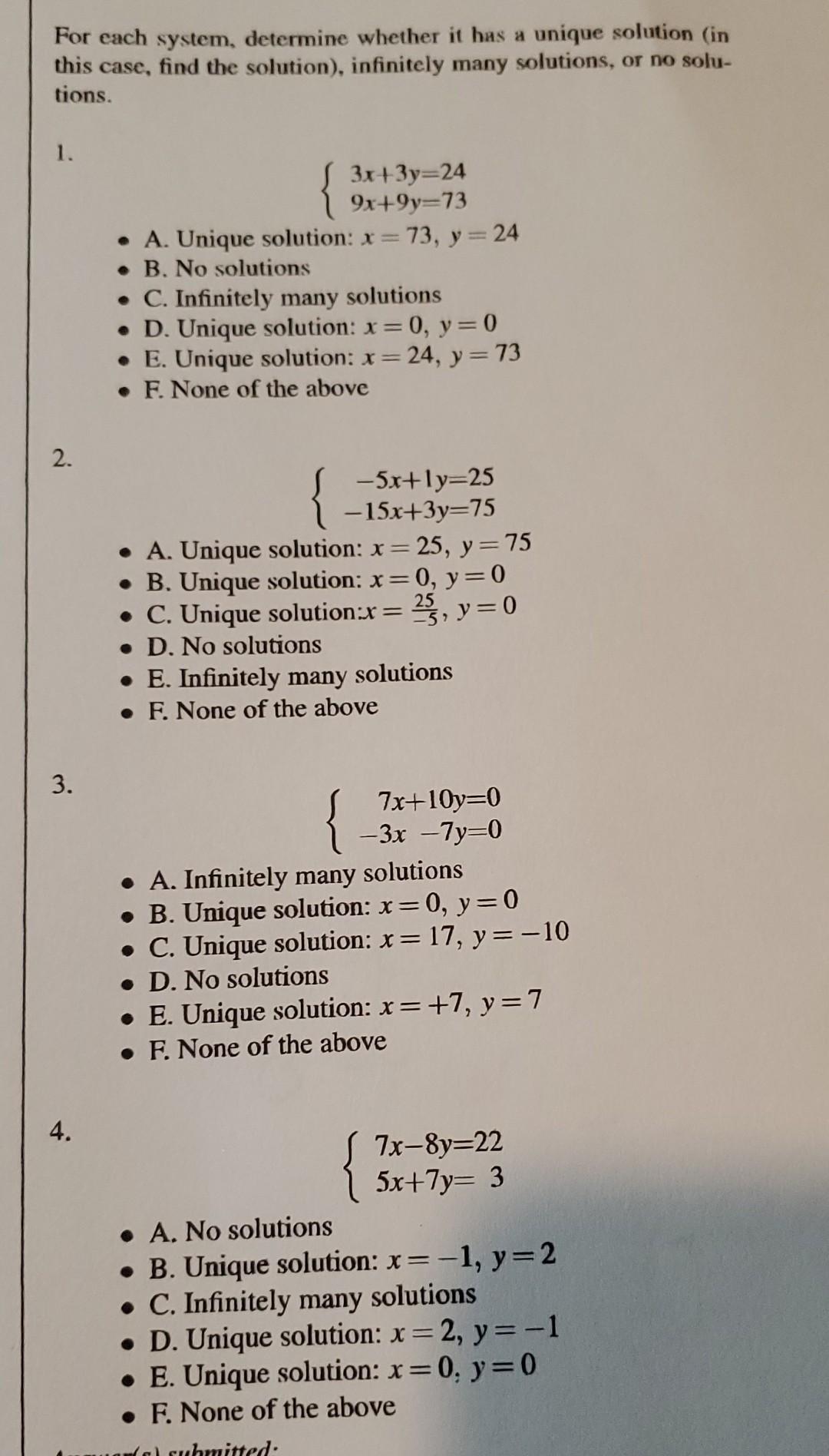 Solved For each system, determine whether it has a unique | Chegg.com