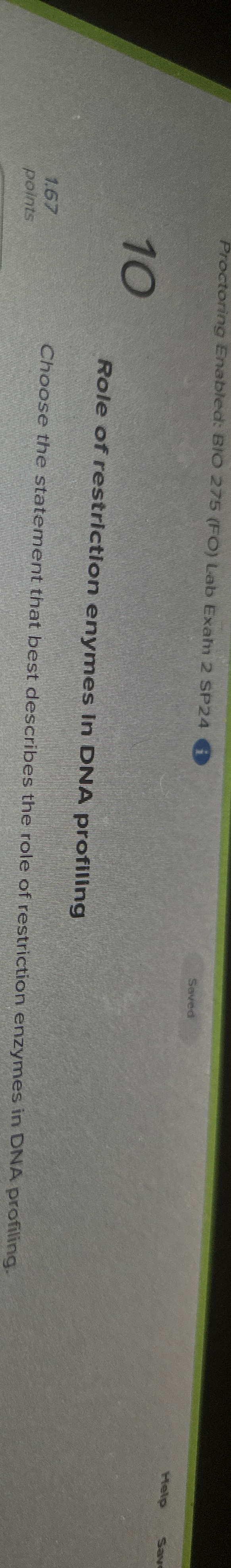 Solved Proctoring Enabled: B1O 275 (FO) ﻿Lab Exahn 2 ﻿SP24 | Chegg.com