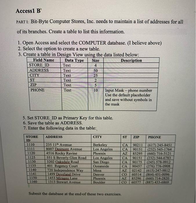Solved Access1 B PART I: Bit-Byte Computer Stores, Inc. | Chegg.com