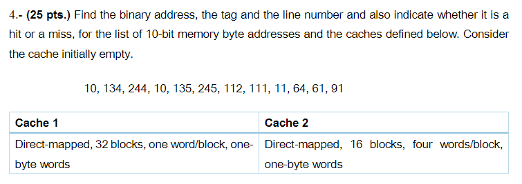 Solved 4.- (25 ﻿pts.) ﻿Find the binary address, the tag and | Chegg.com