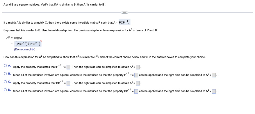 Solved A and B ﻿are square matrices. Verify that if A is | Chegg.com