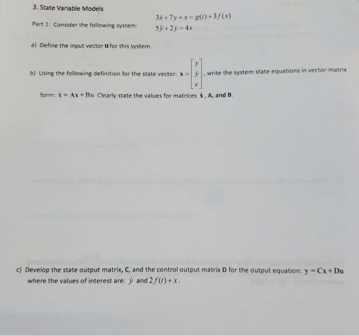 Solved 3. State Variable Models Part 1: Consider the | Chegg.com